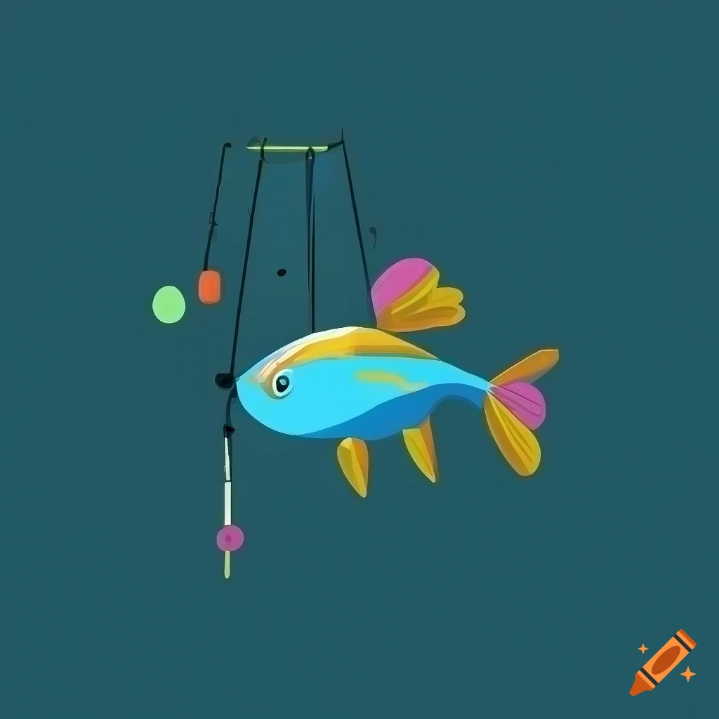 Colorful minimalist fishing rod and fish icon on Craiyon