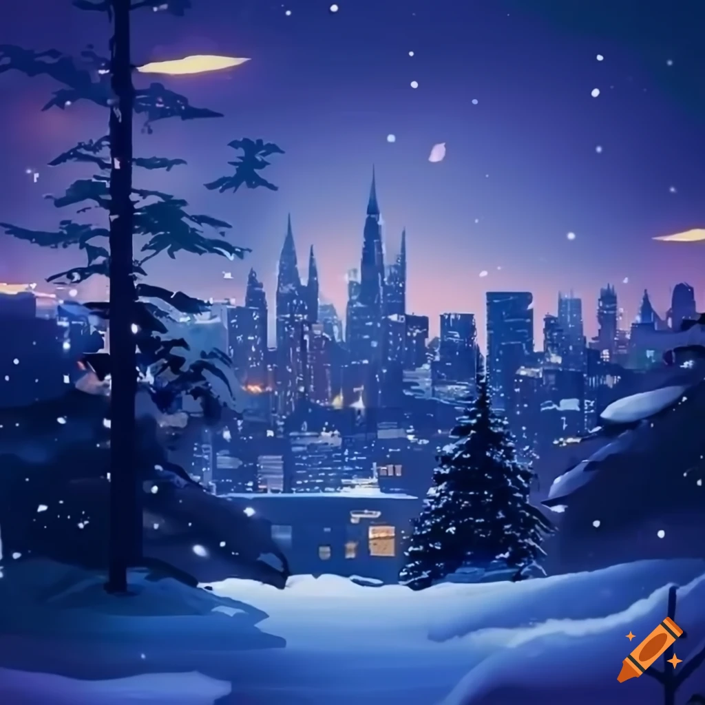 Night view of a snowy city
