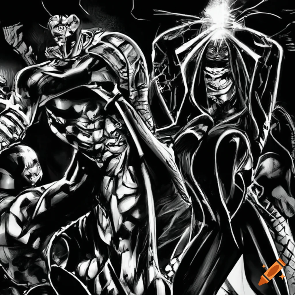 Mantis battling bees in a comic book