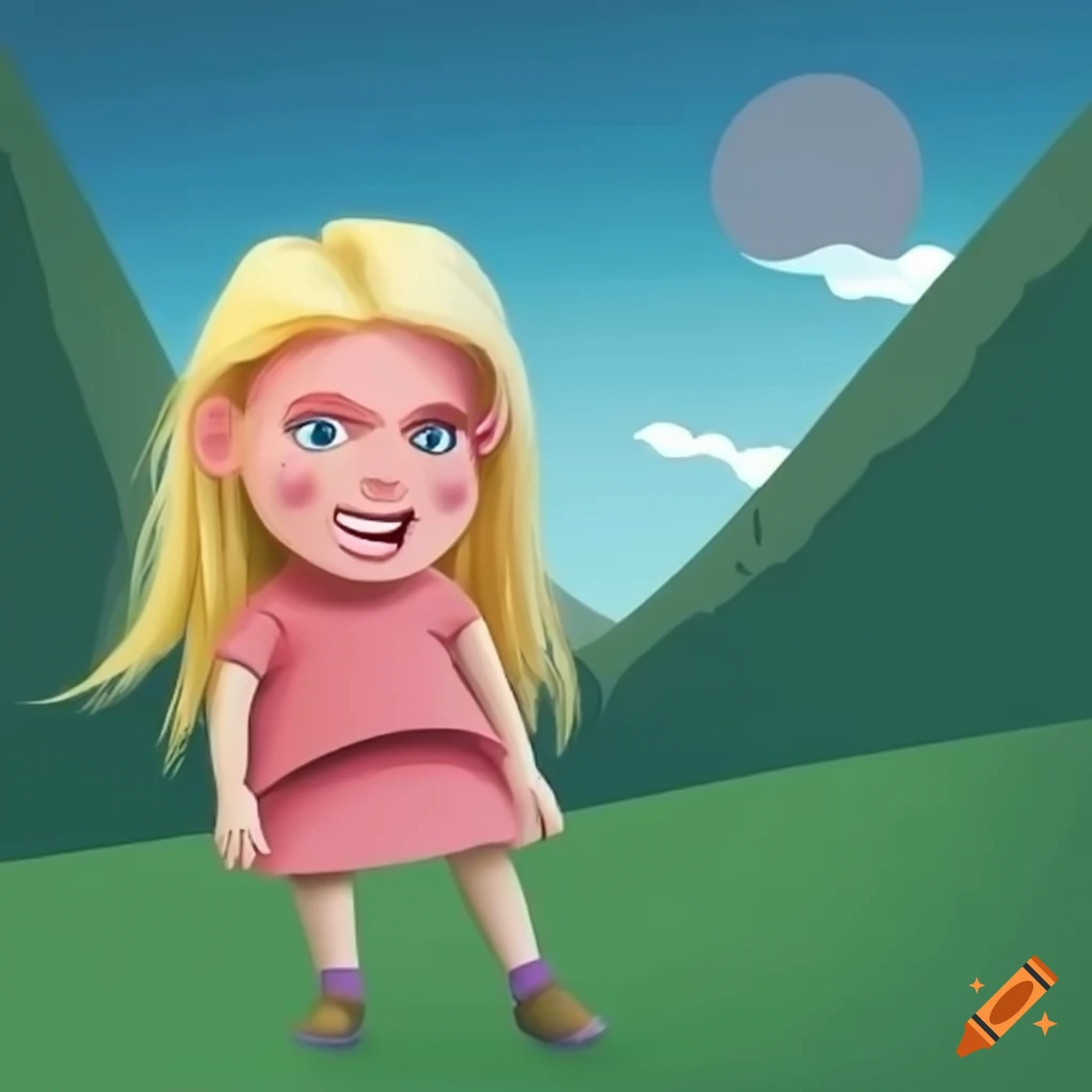 Cartoon of a blonde girl and an angry cow in the mountains on Craiyon