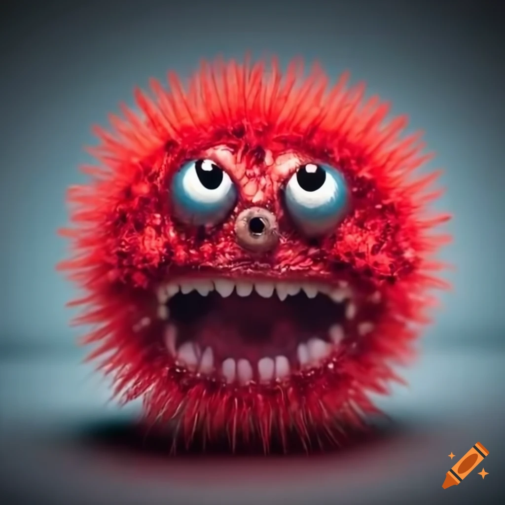 Character illustration of a red fuzz ball with an intense expression on ...