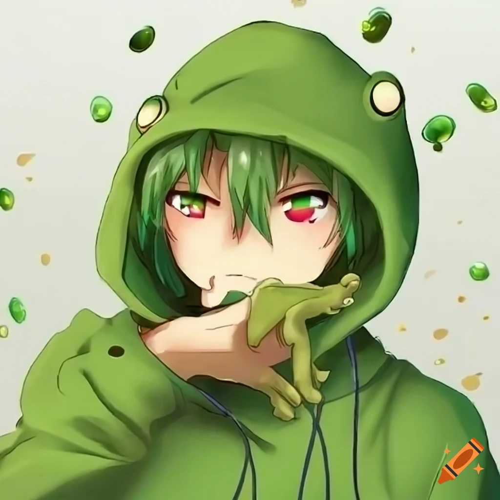 Anime frog guy wearing a moss green toad hoodie