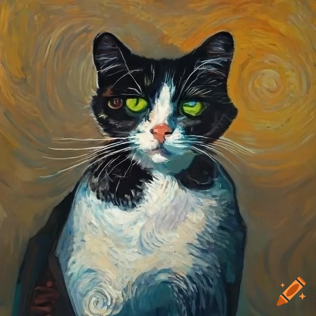 Van gogh style portrait of a black and white cat by a window on Craiyon