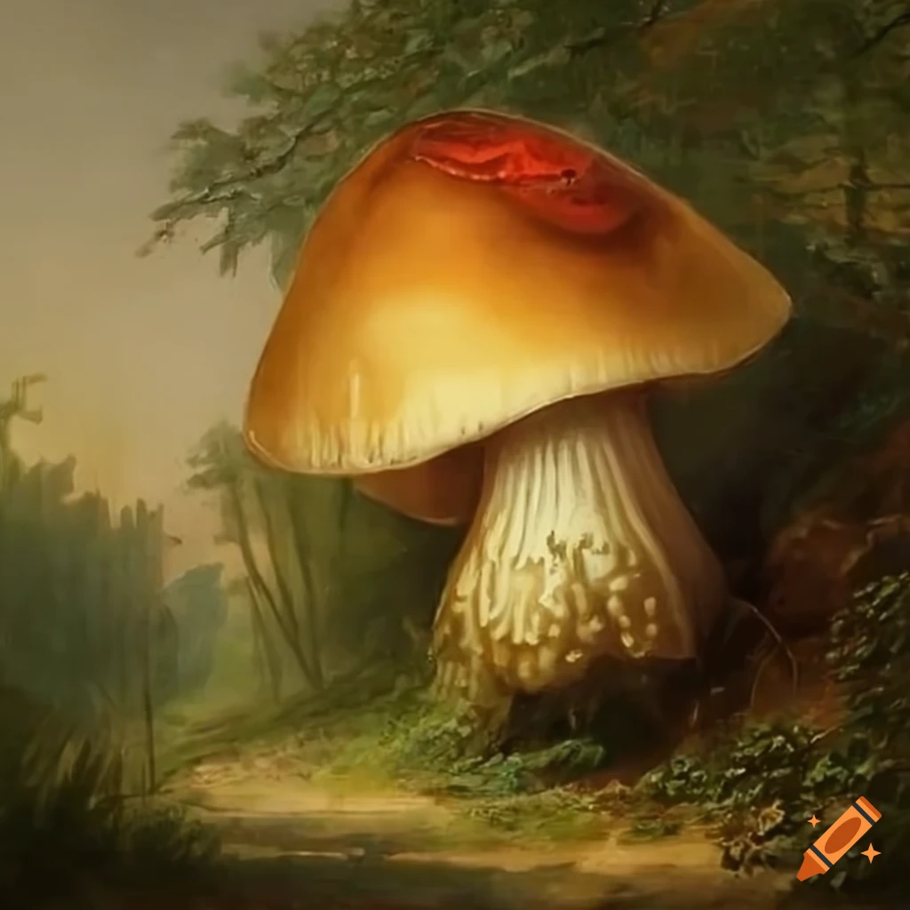 Macro painting of a mushroom in the forest