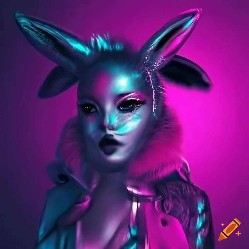 Surreal cyberpunk rabbit with rainbow chrome fur on Craiyon