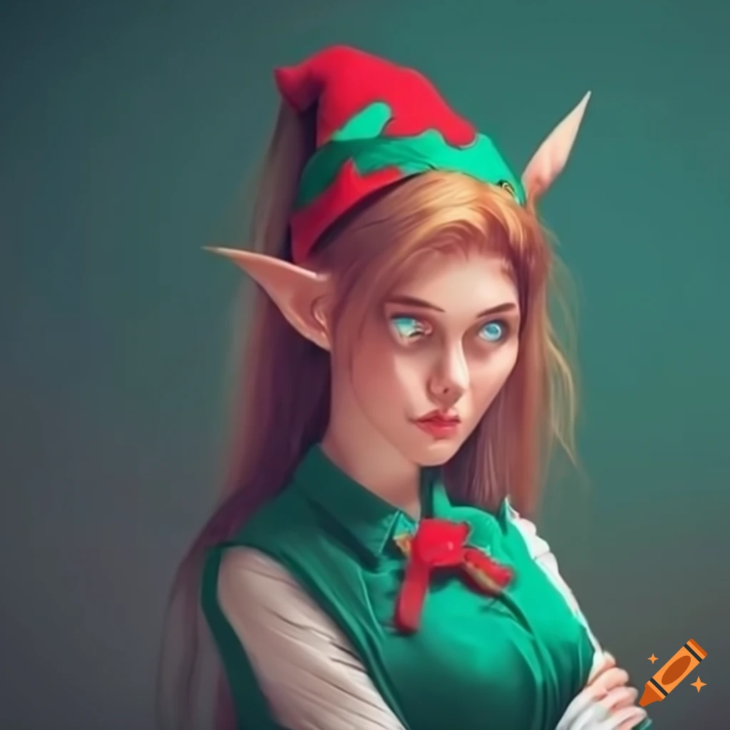 Modern office with a focused female elf on Craiyon