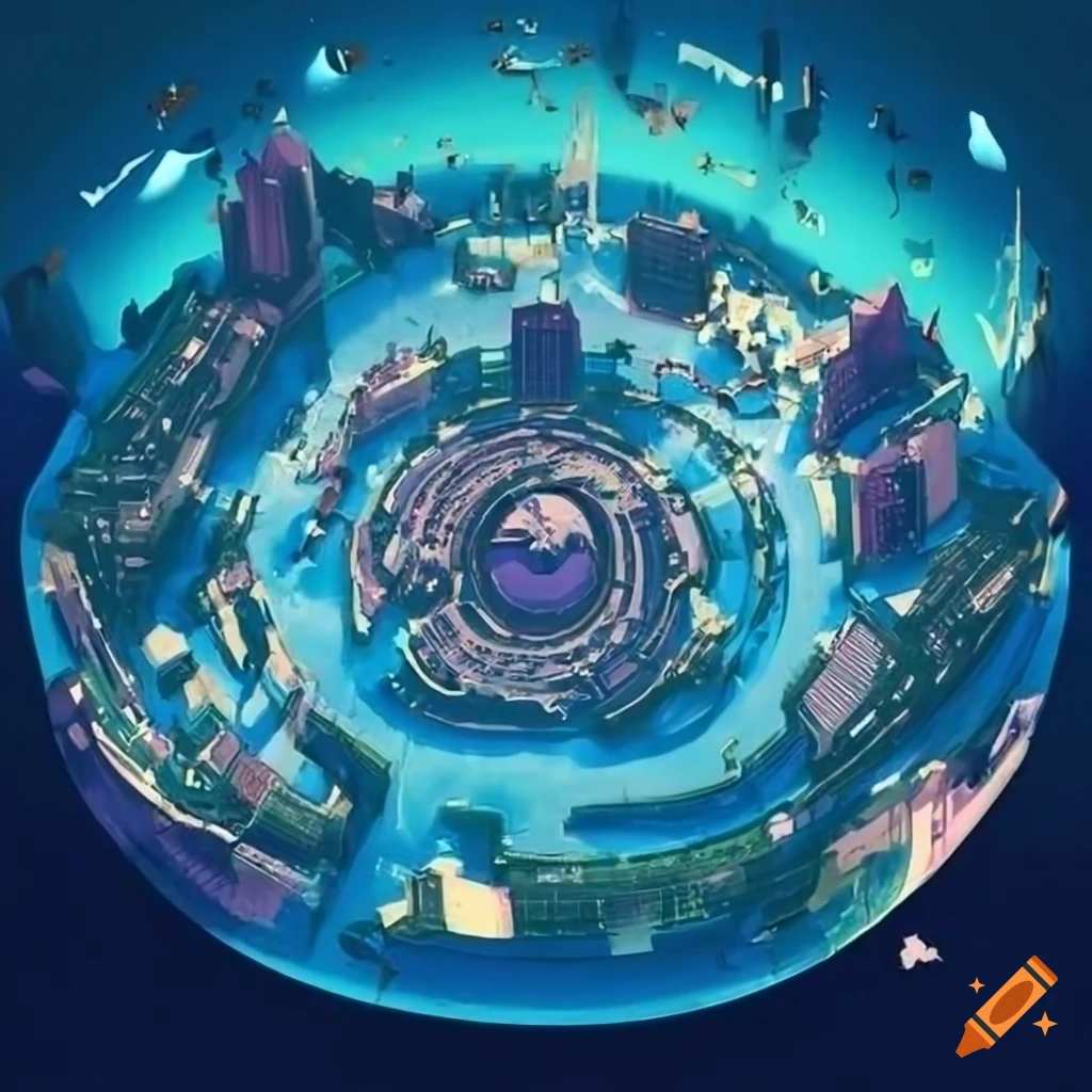 Futuristic map of a hexagonal city with rivers and lakes