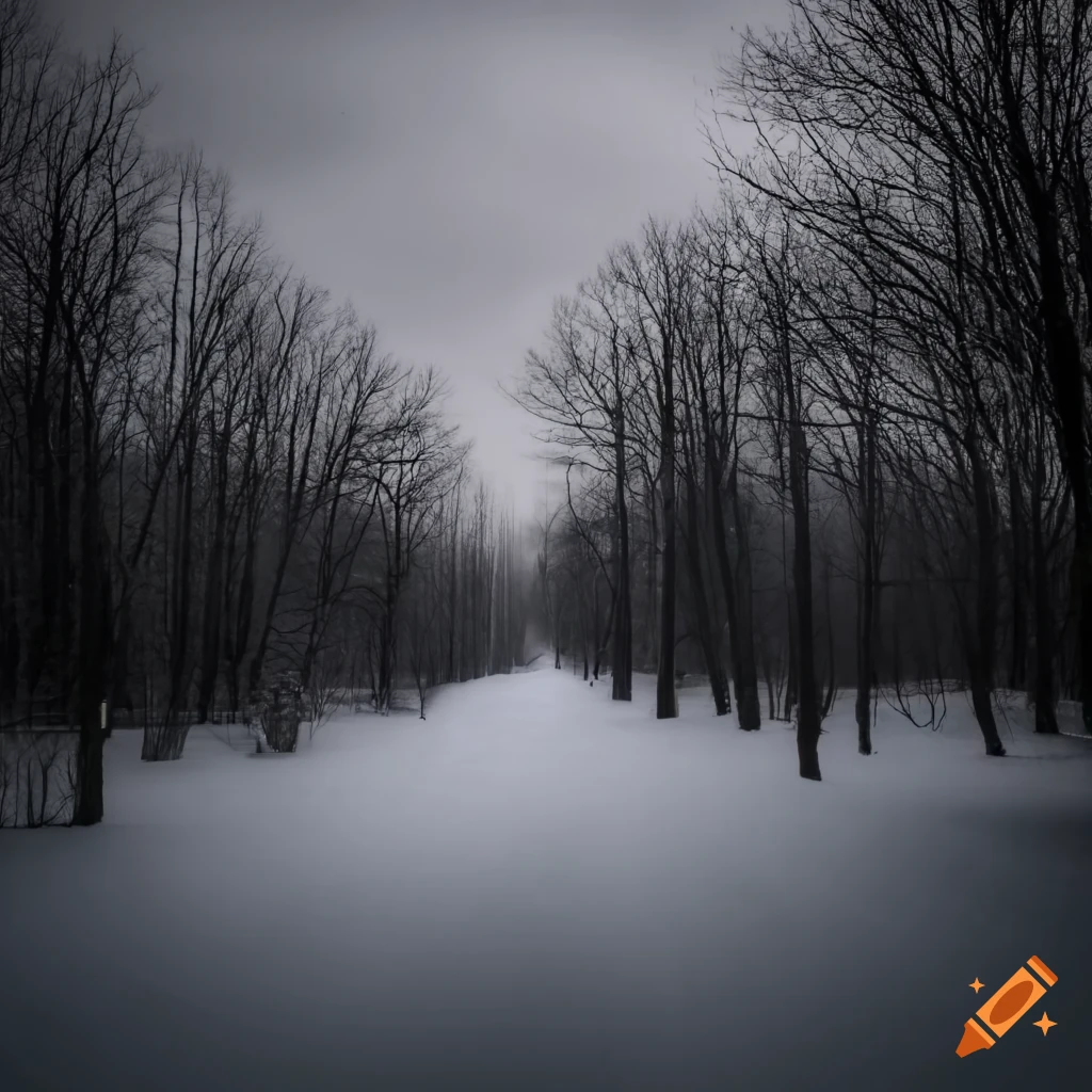 Liminal winter landscape with dark sky