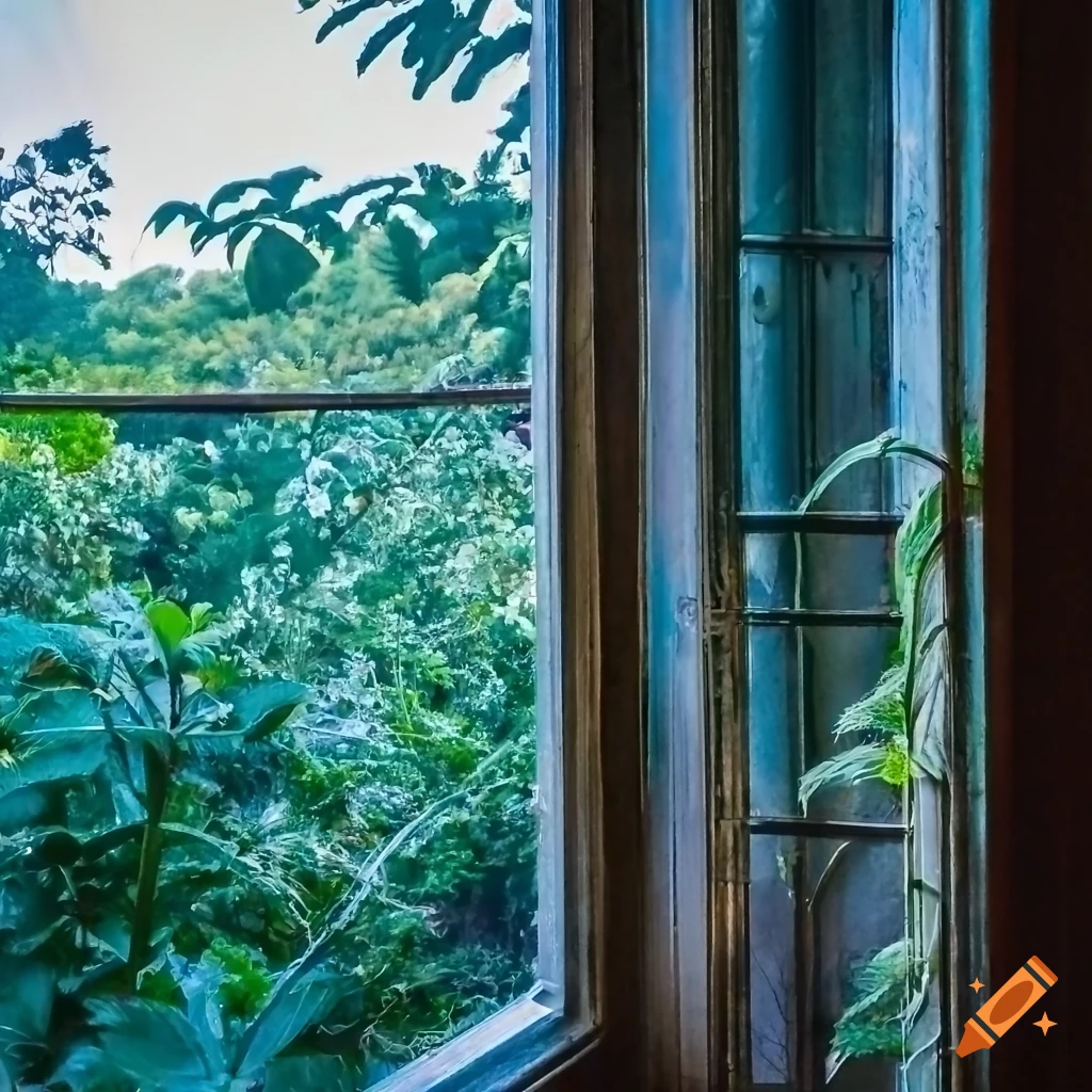 View through a wide open victorian window into a colorful village on ...