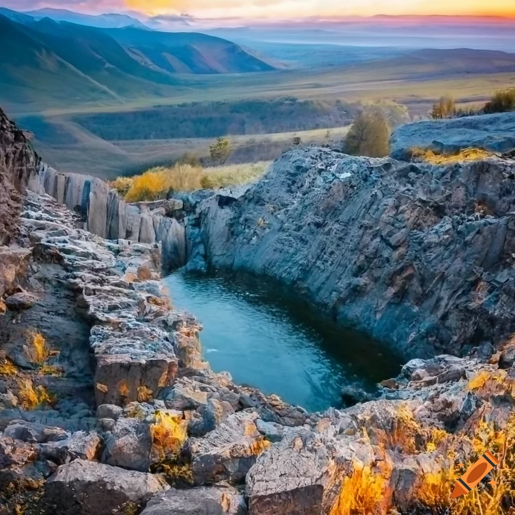 Sunset view of a closeup basalt excavation on Craiyon