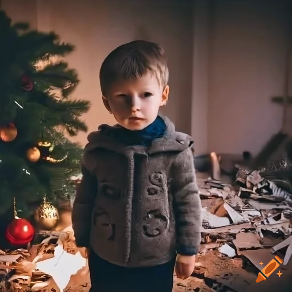 Photorealistic scene of a sad boy standing near a bombarded christmas tree