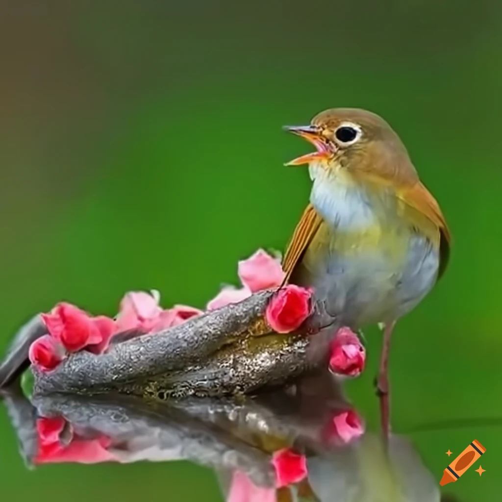 Colorful nightingale singing on a red rose