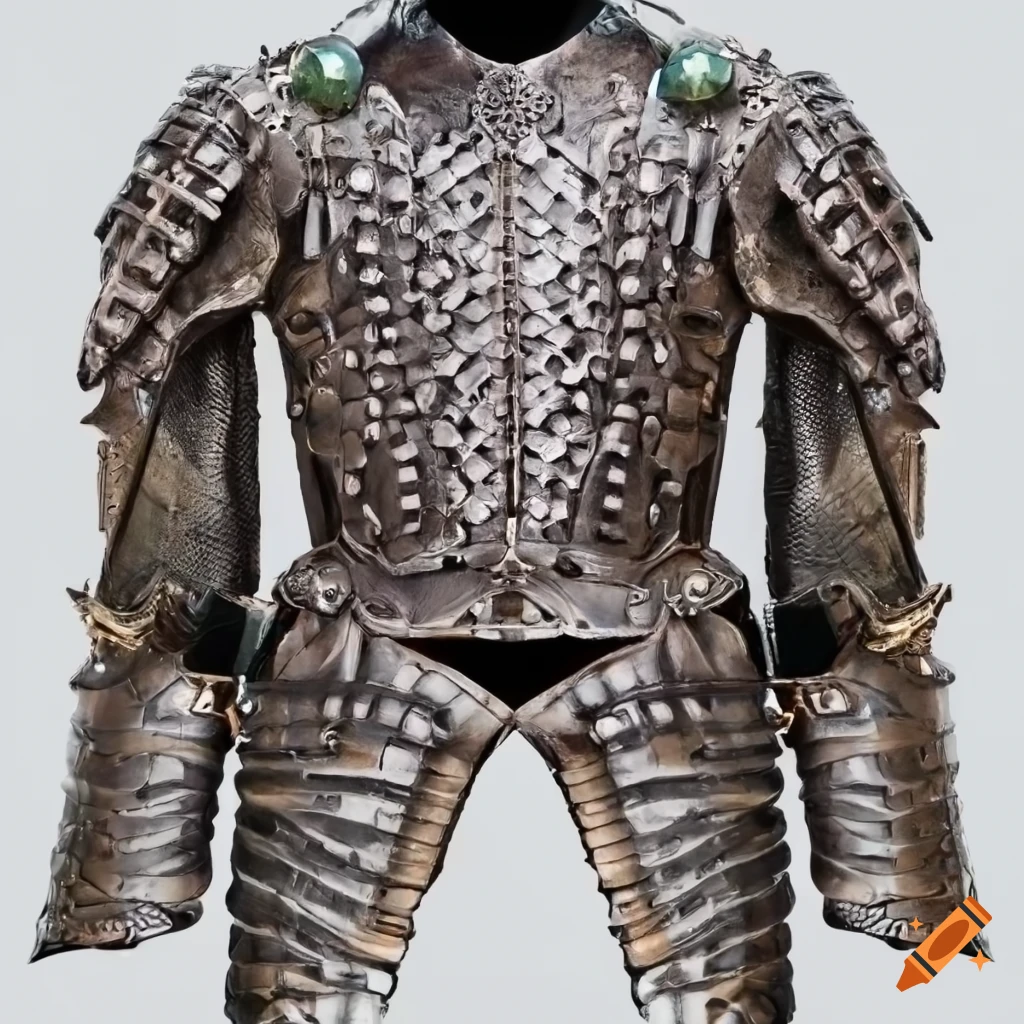 Detailed and reflective dark metal leg armor with gemstones on Craiyon