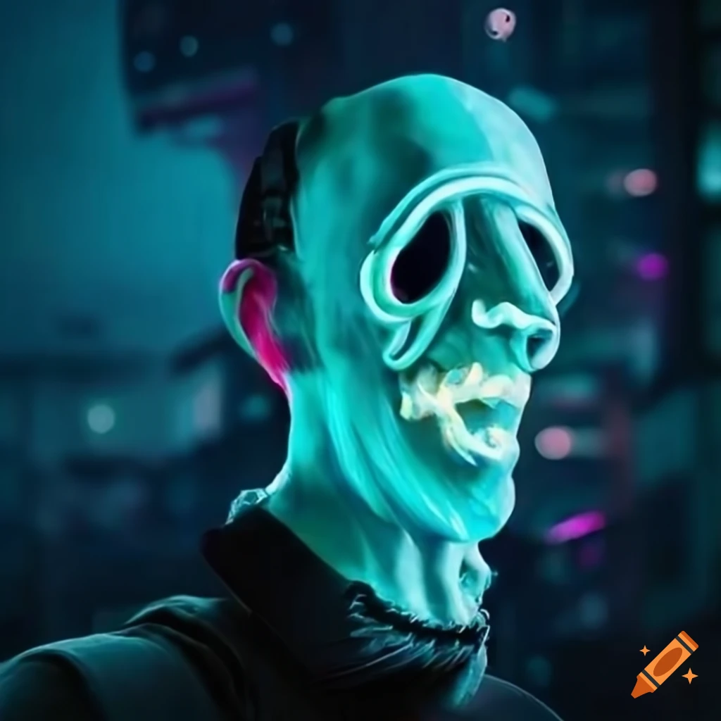 Neon lights reflecting on a frankenstein squid mask