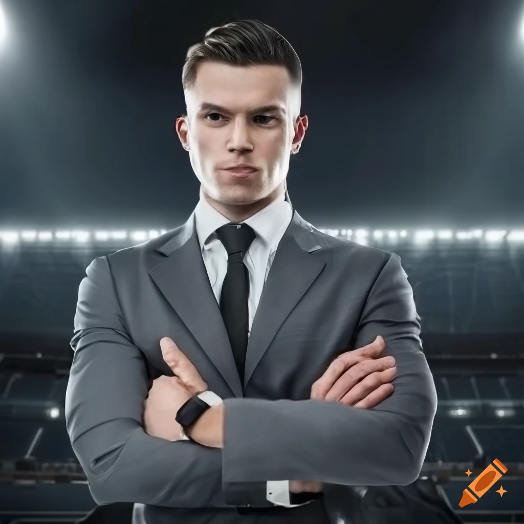 Businessman on a soccer stadium with crossed arms on Craiyon