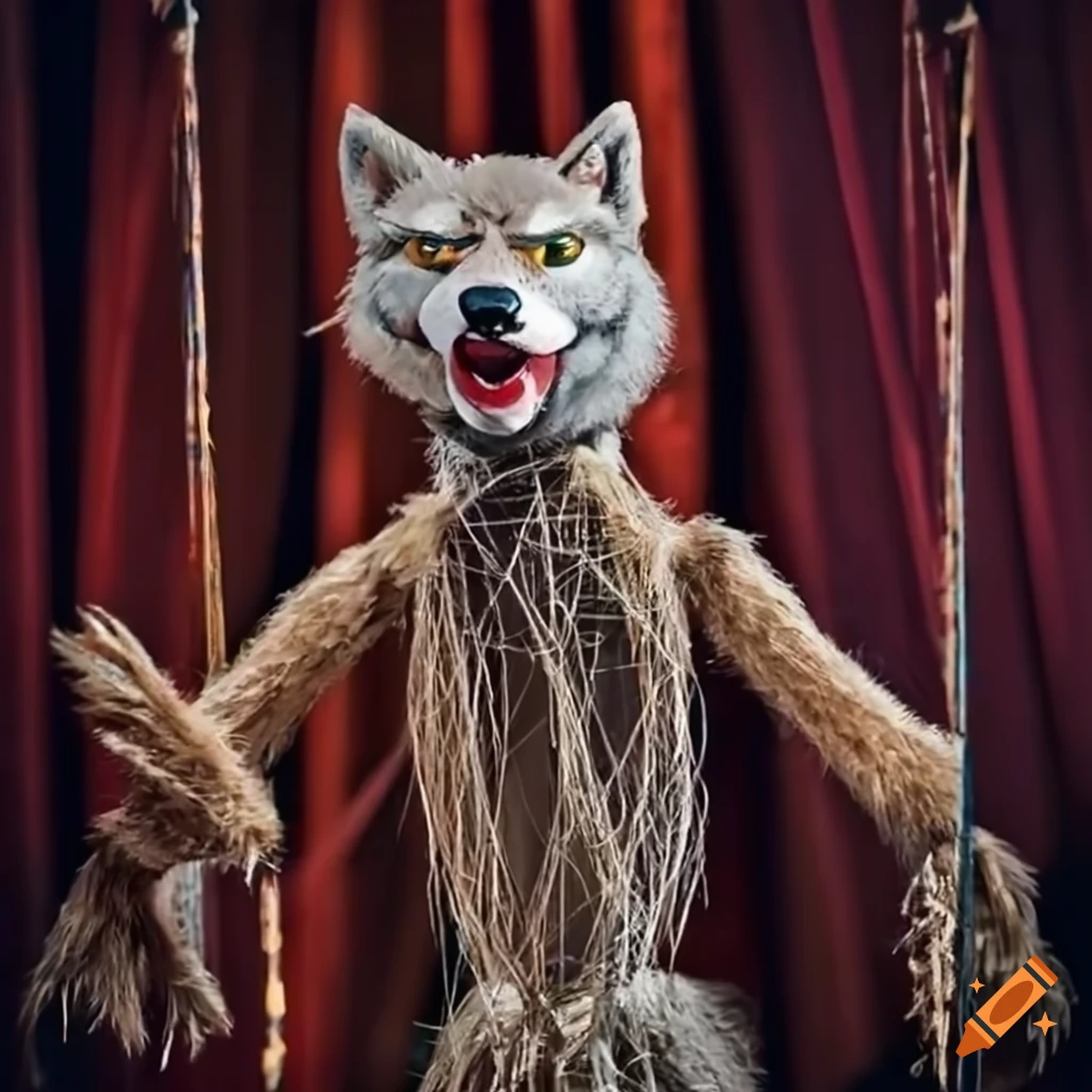 Wolf puppet performing on a circus stage on Craiyon