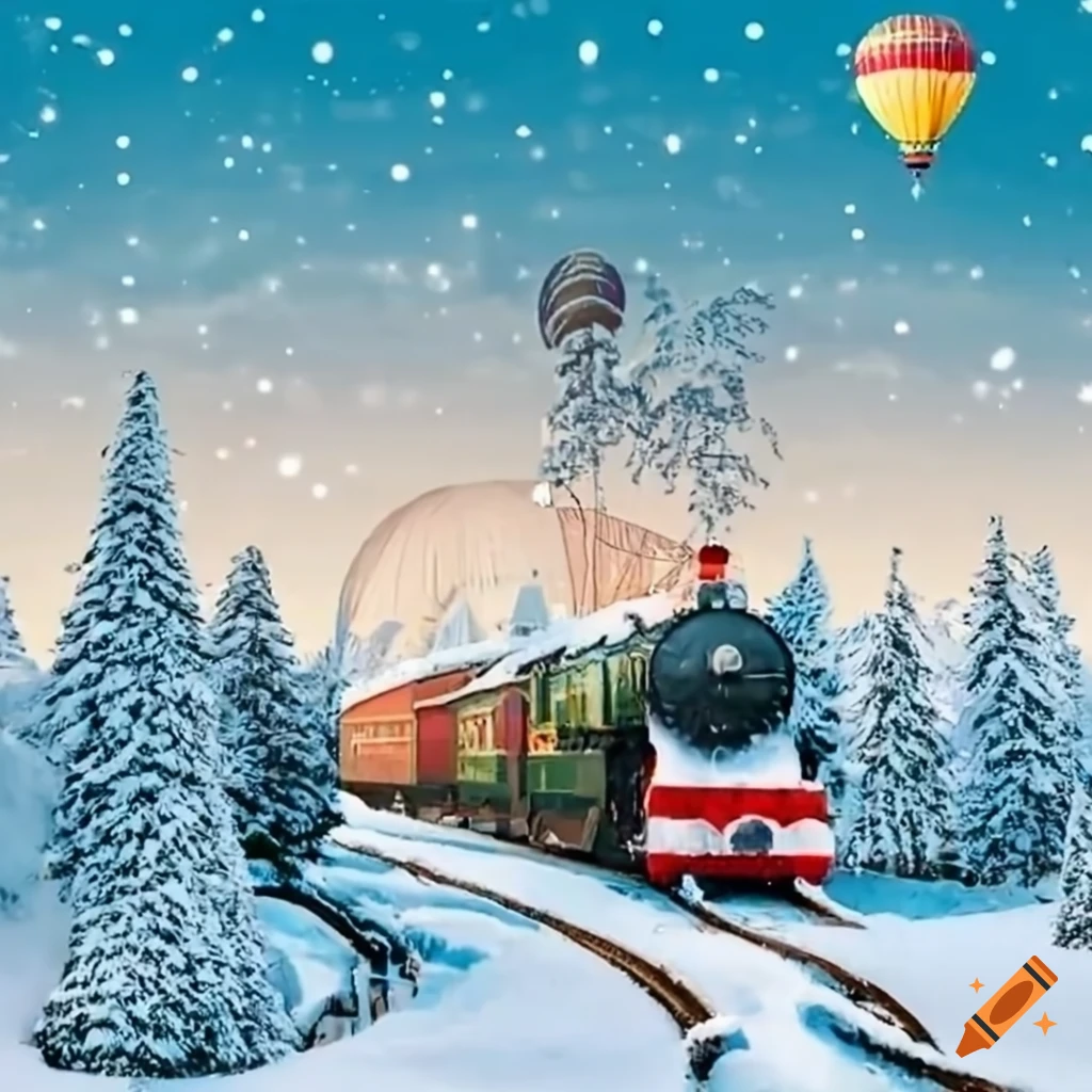 Festive scottish snow scene with a train and hot air balloon on Craiyon