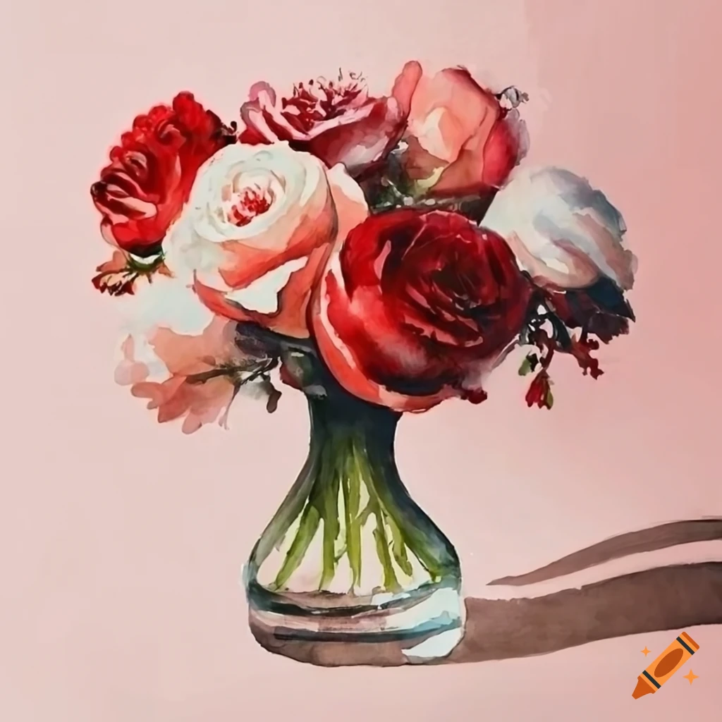 Watercolor painting of a red and white flower arrangement on Craiyon
