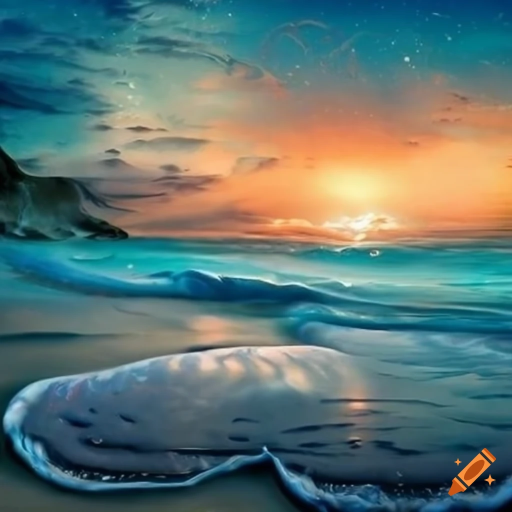 Surreal beach with crazy seashells, waves crashing, and strange ...