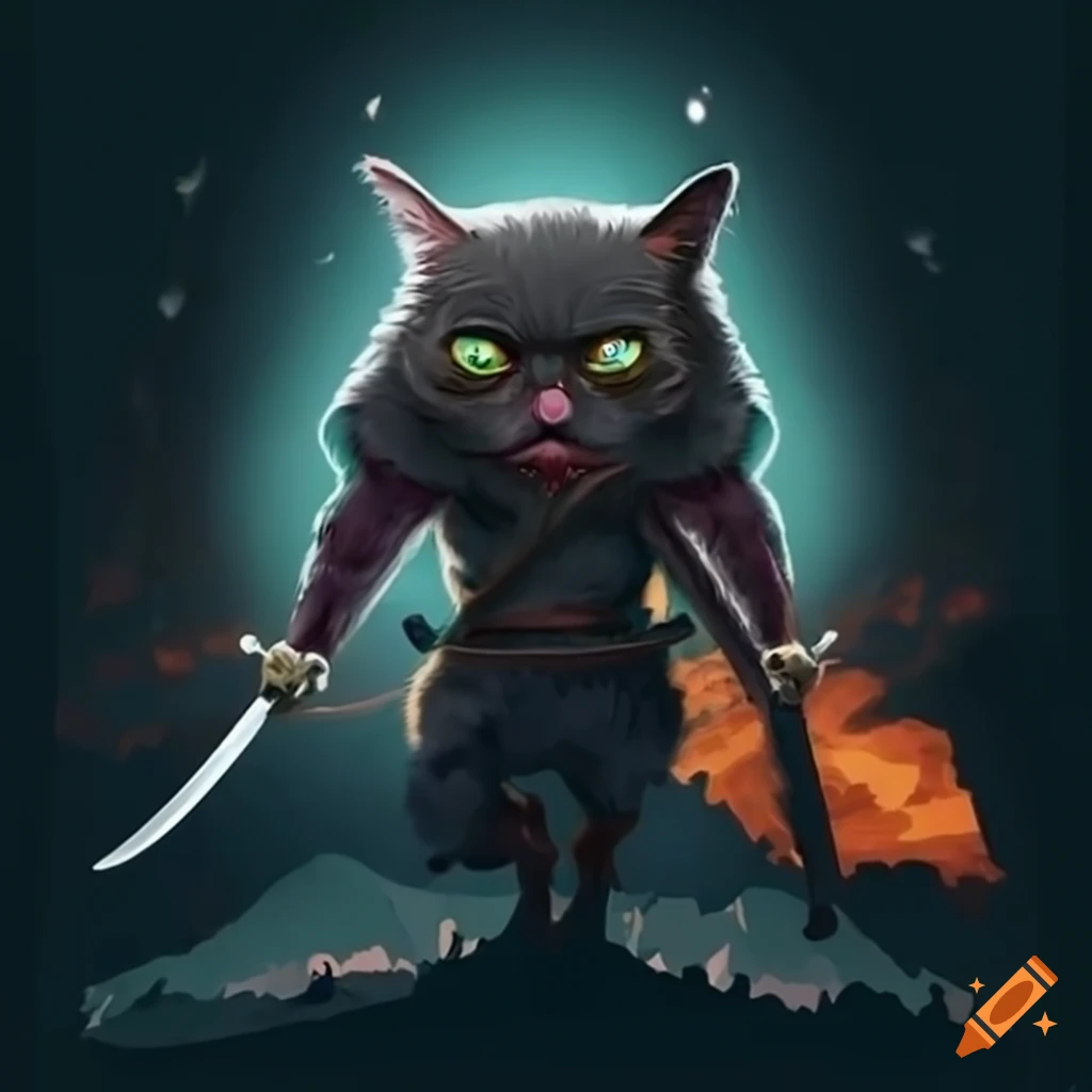 Fantasy artwork of a mutant cat with a sword in the mountains on Craiyon