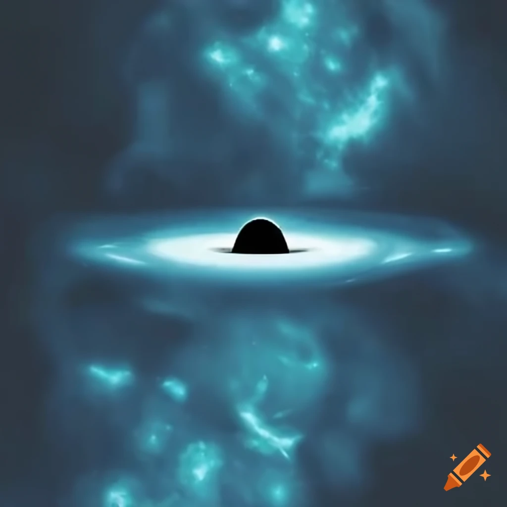 Image of a black hole with cyan event horizon
