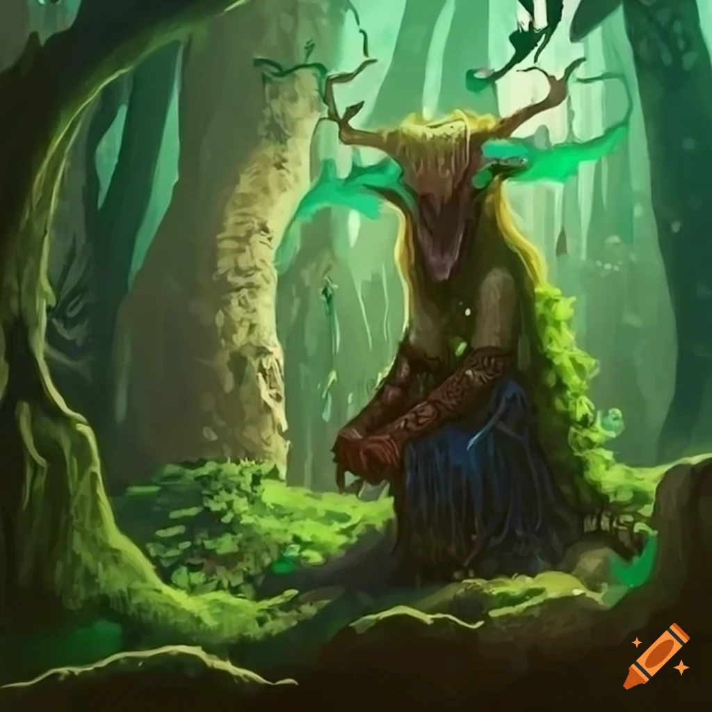Illustration of a mystical forest with a fungus druid