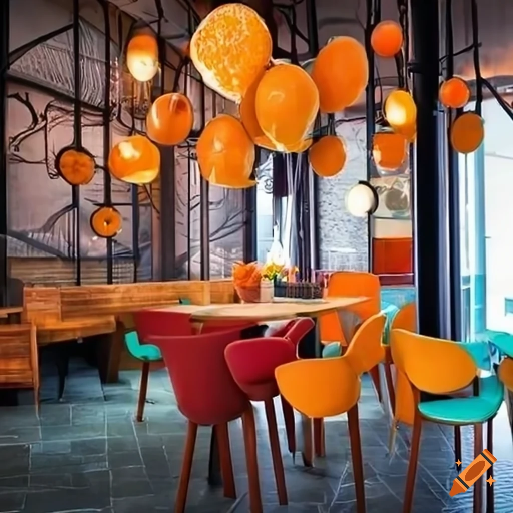 Vibrant cafe interior with orange fruit decorations on Craiyon