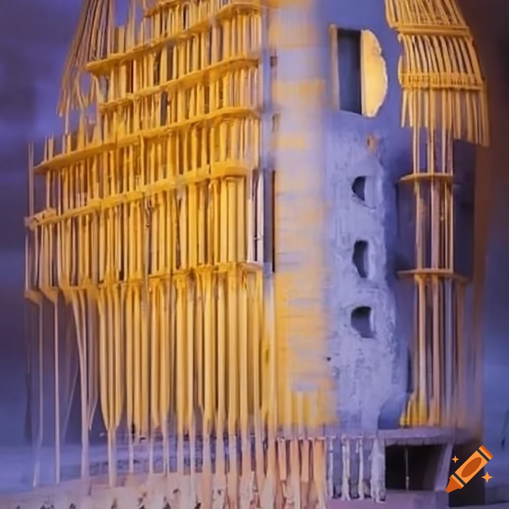 Artwork depicting italian buildings made of pasta