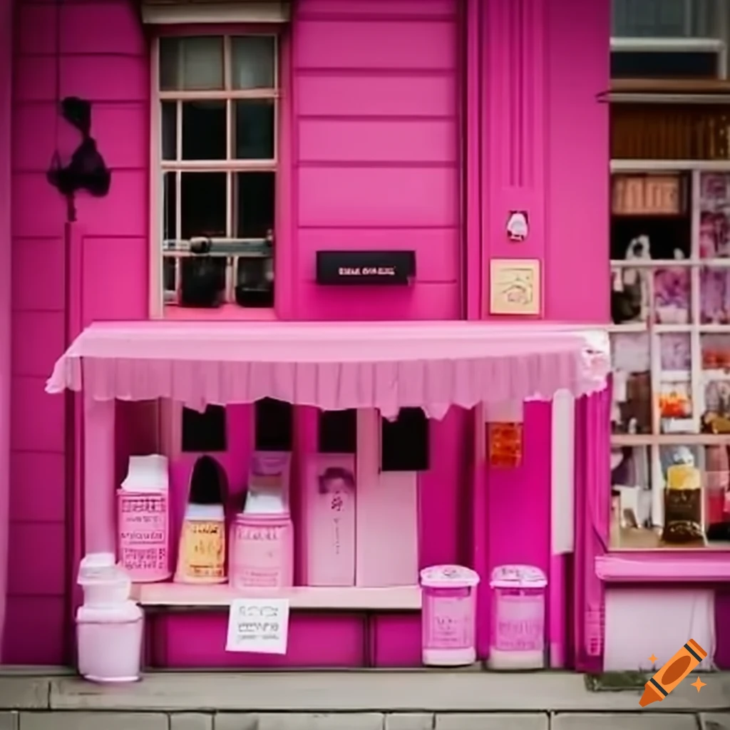 Front view of a pink shop selling products on Craiyon