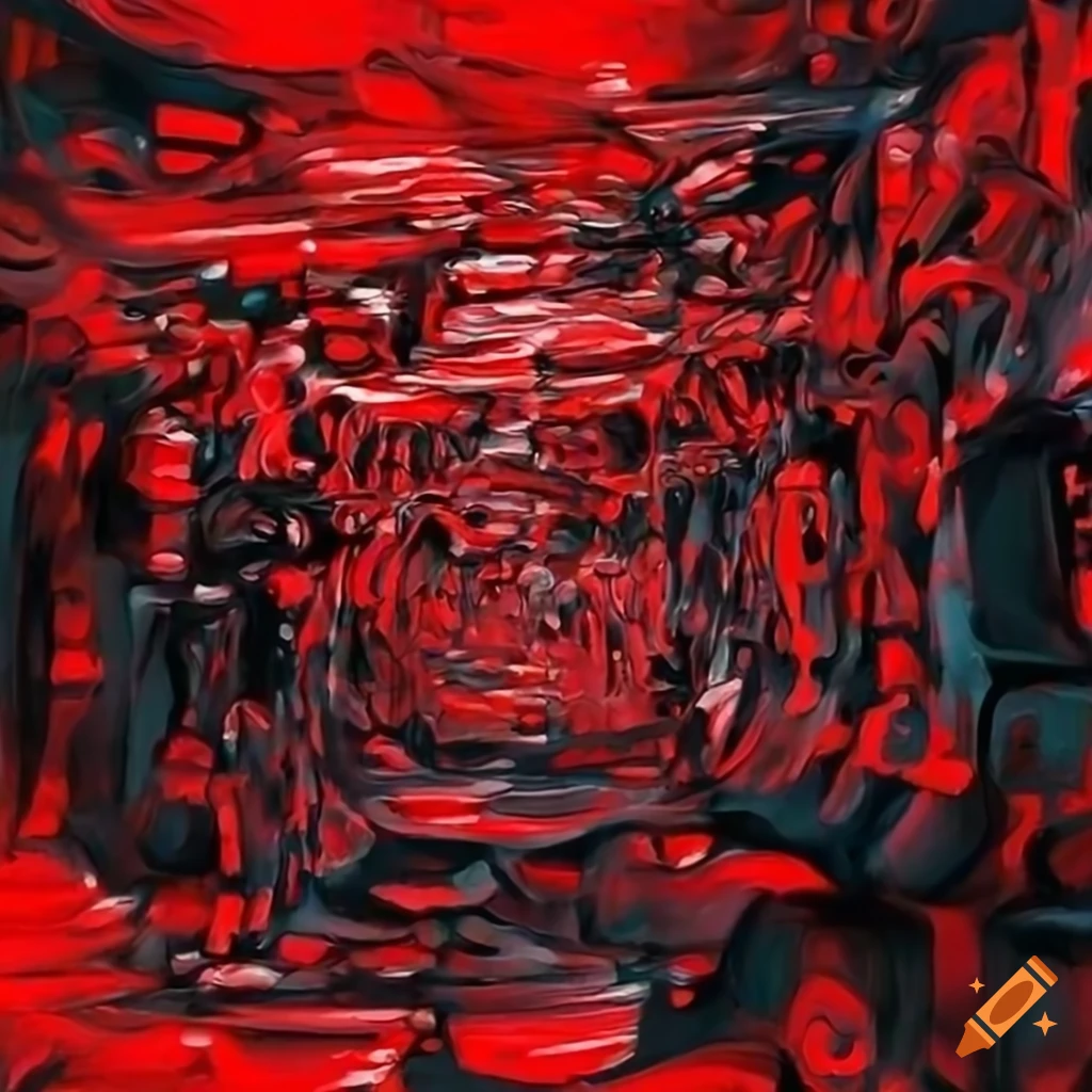 Red abstract painting of people inside a maze on Craiyon