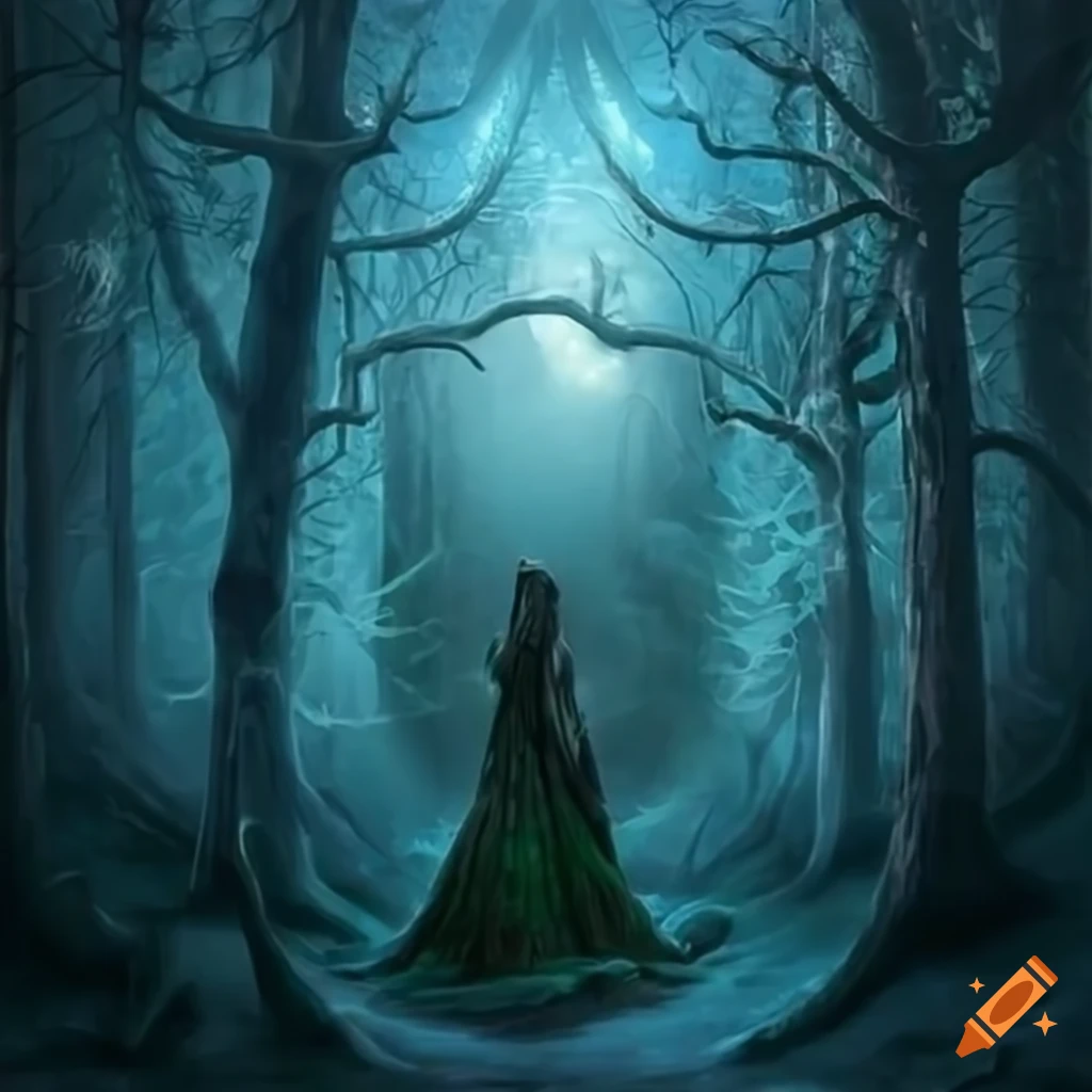 Detailed fantasy artwork of an elven spirit in a snowy forest on Craiyon