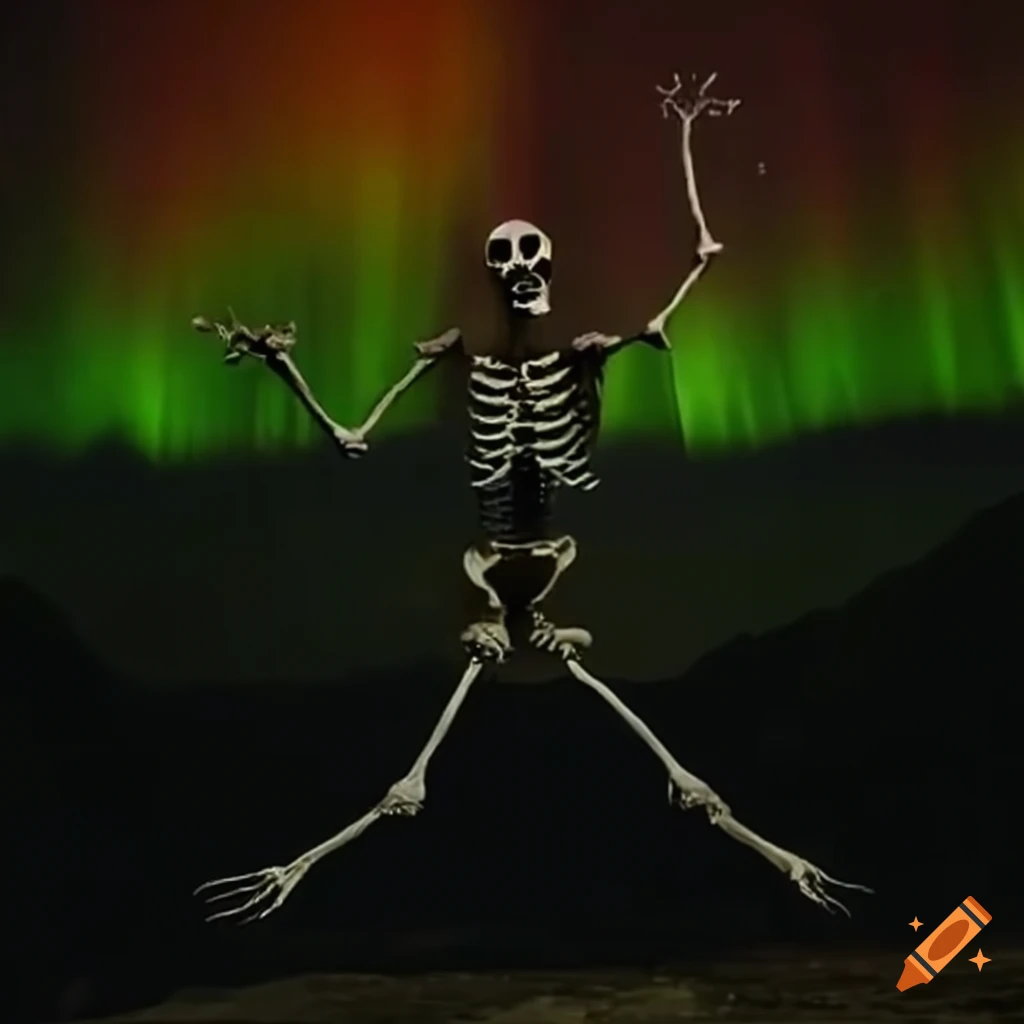 Skeleton dancing under the northern lights
