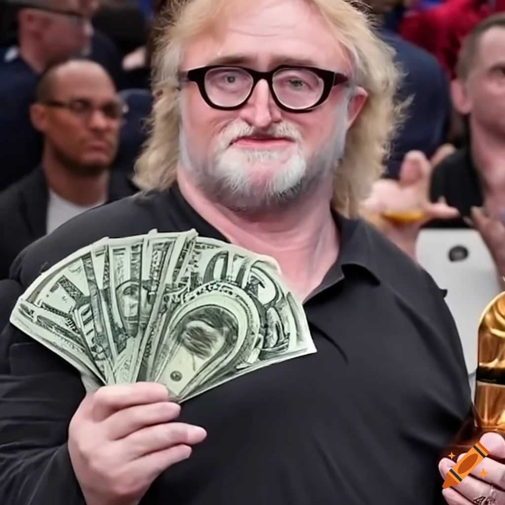 Picture of gabe newell with cash at game awards