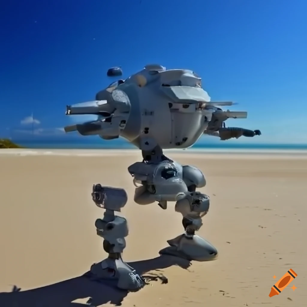 Naval-themed light hydrodynamic mech on the beach