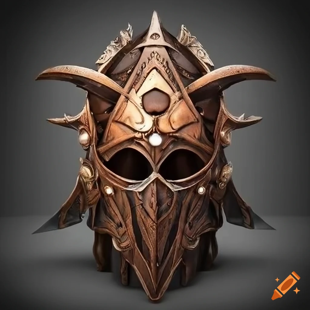 Intricate and symmetrical leather helm