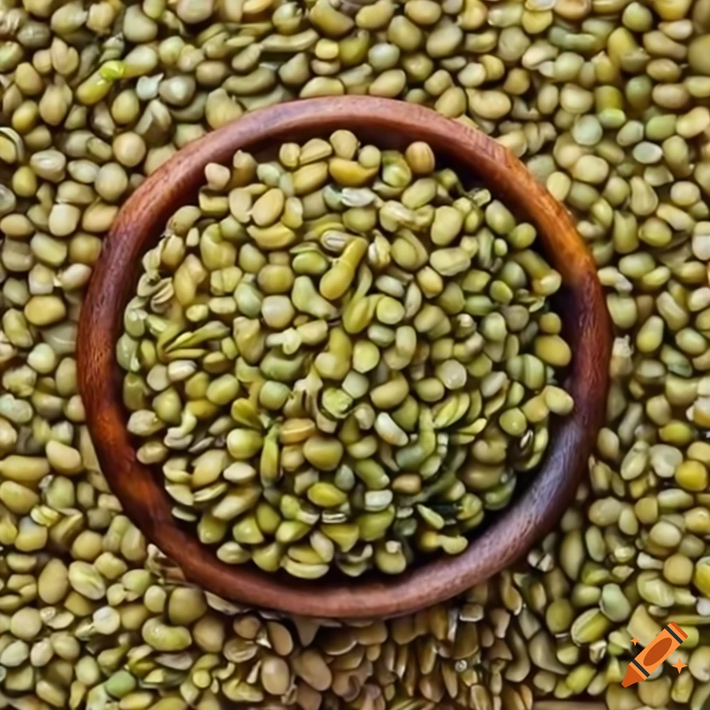 Close-up of green moong dal grains in a wooden bowl on Craiyon