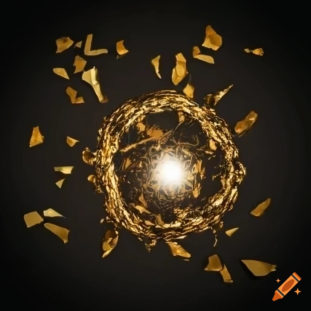 Gold and iron fragments forming a glowing orb on Craiyon