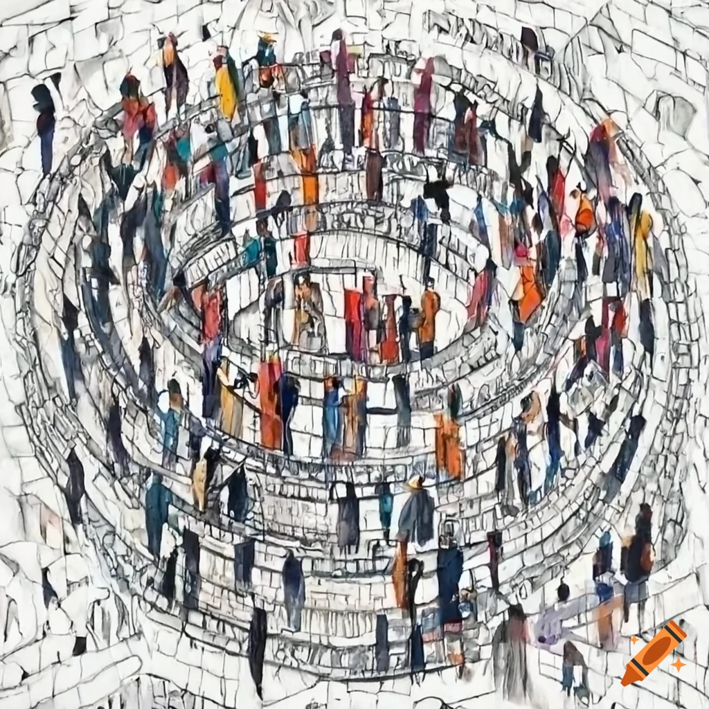 Mosaic painting of people in a maze