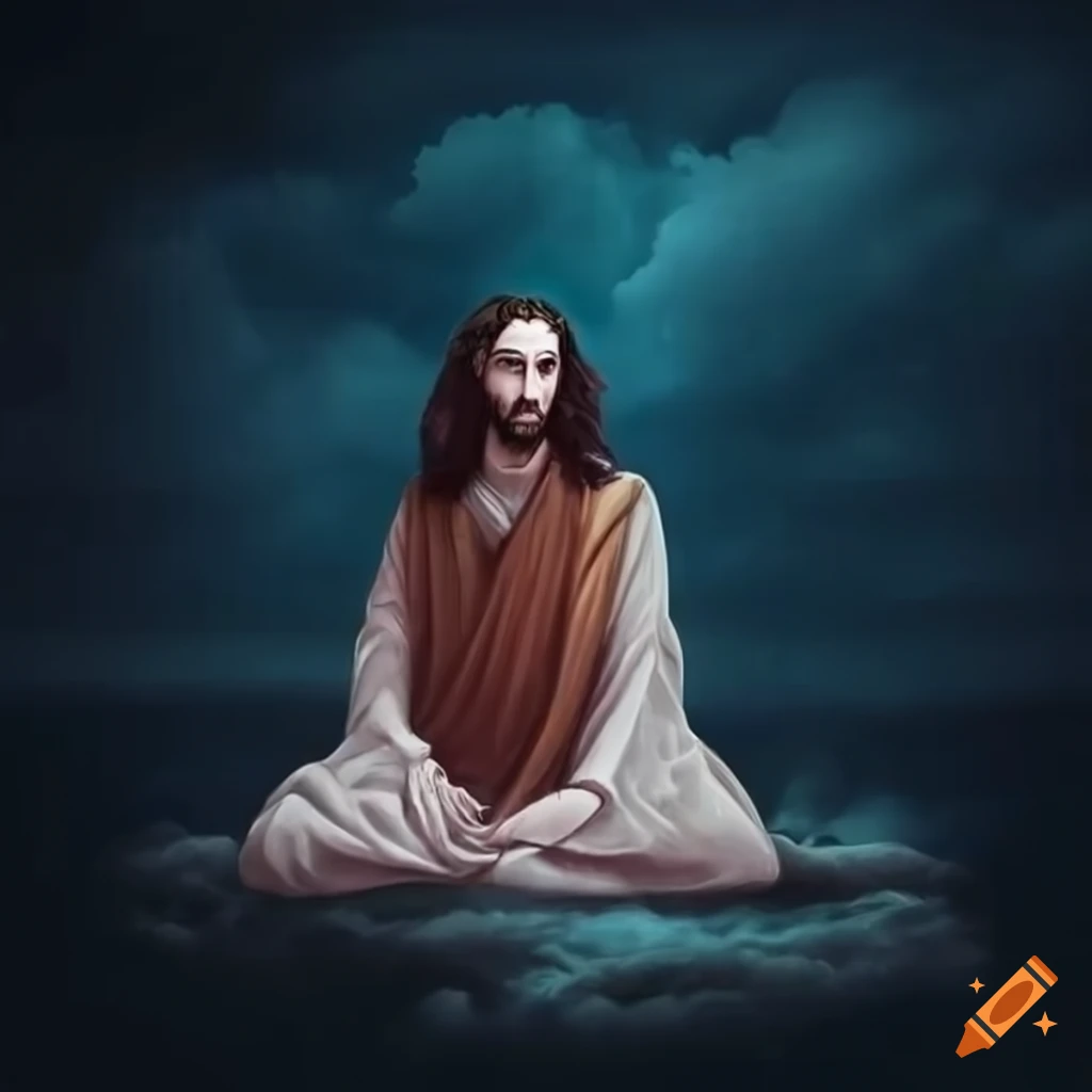Artistic depiction of a contemplative man surrounded by clouds