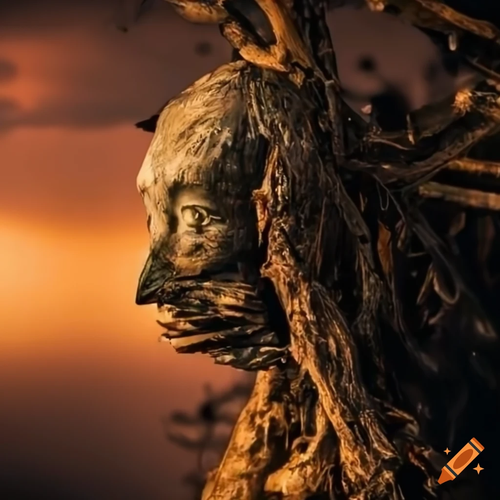 Detailed painting of a distorted figure caught in a web of branches on ...