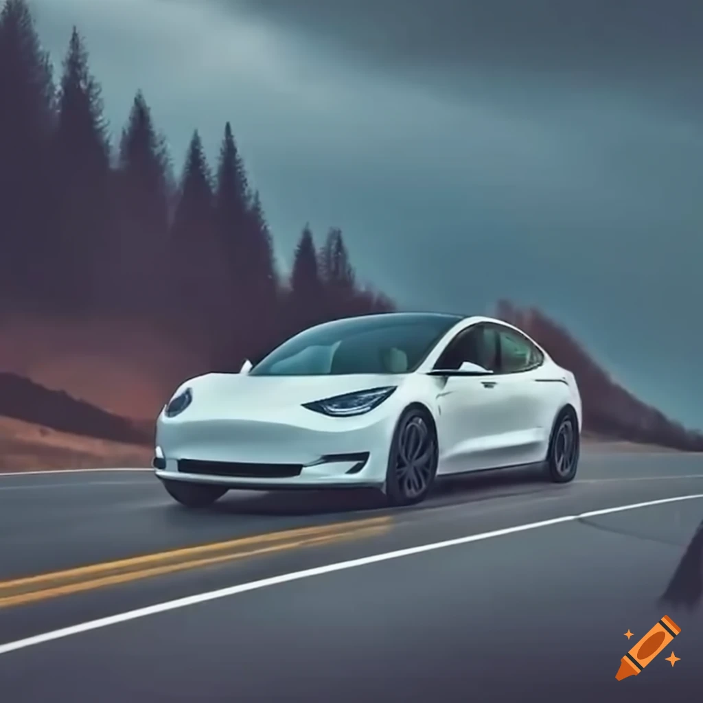 White tesla model 3 driving on curvy mountain road