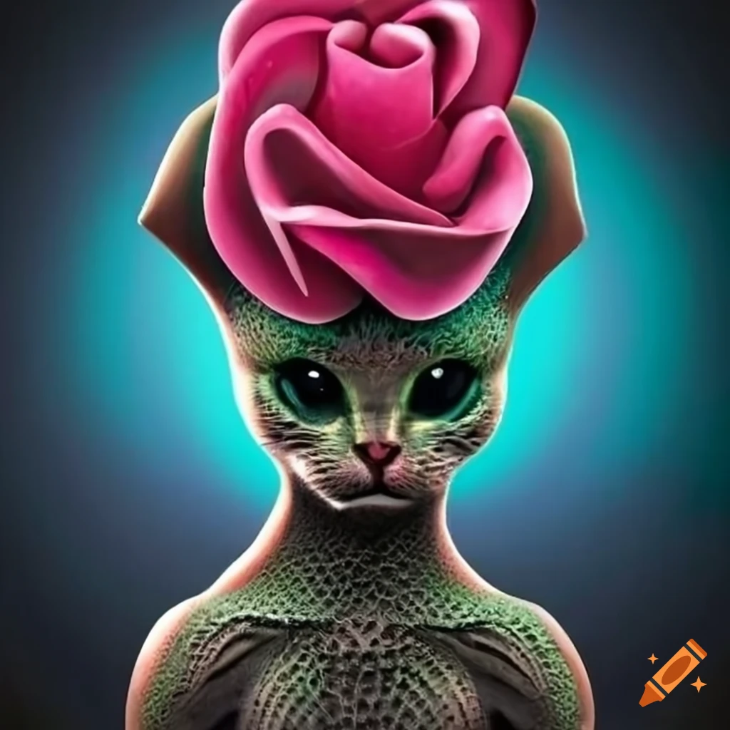 Colorful alien cat with a big rose-shaped head on Craiyon