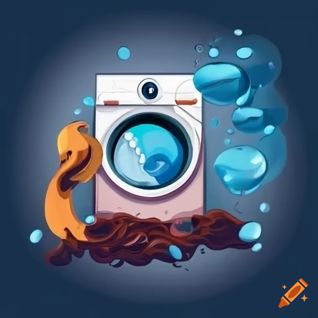 Cartoon washing machine overflowing with water