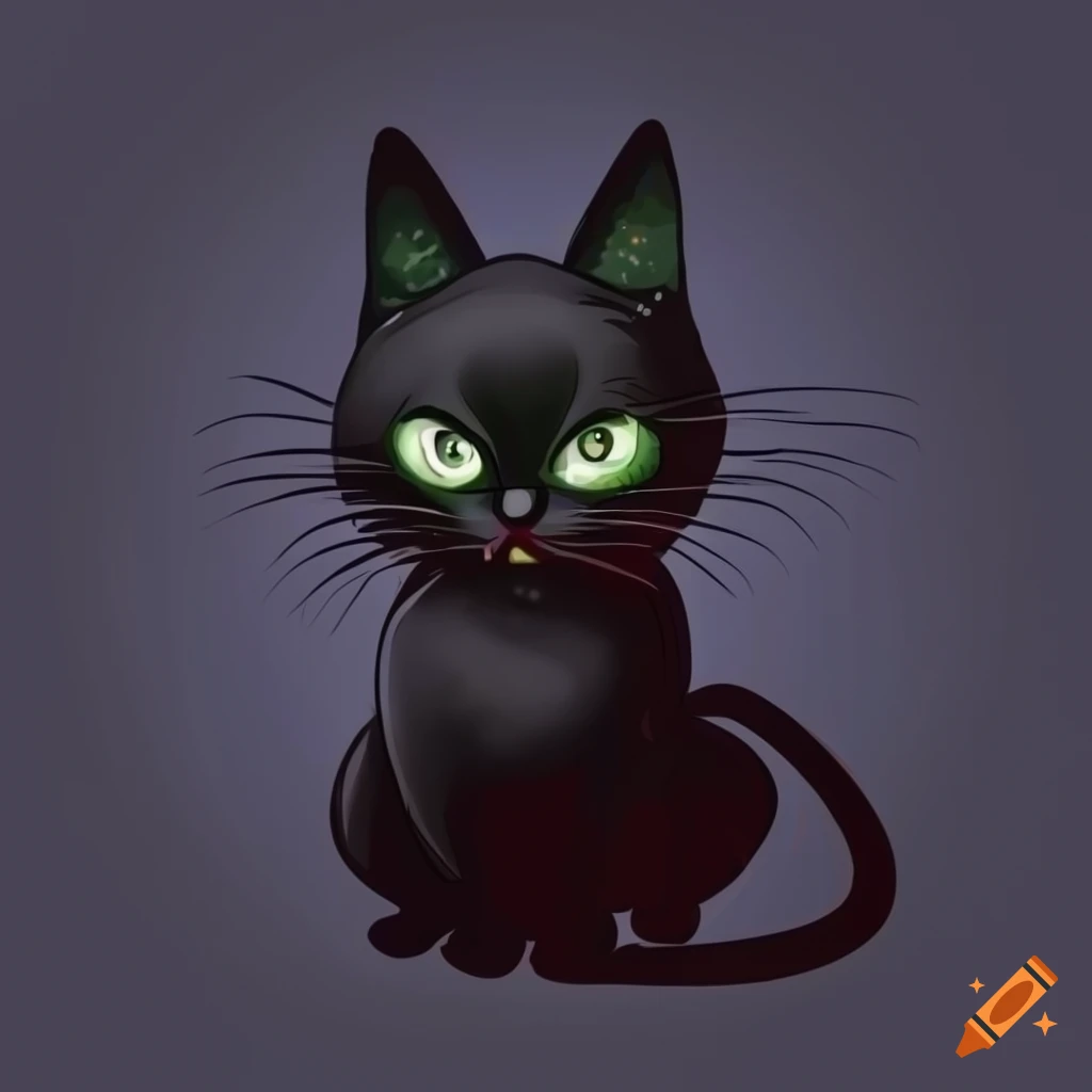 Minimalist gothic cartoon of a sinister black kitten