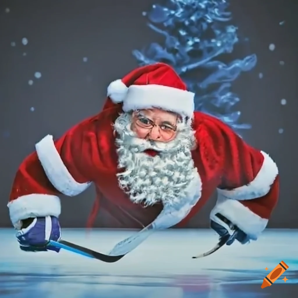 Santa claus playing ice hockey as a goalie