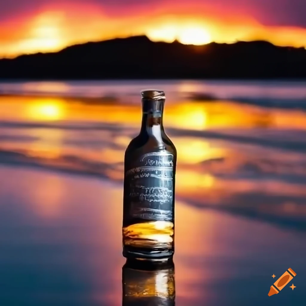 Vibrant sunset over a bottle of rum on the beach