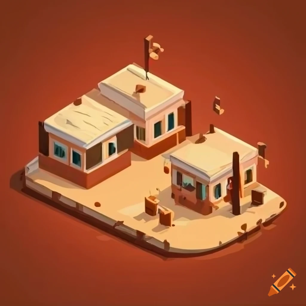 Isometric view of a cozy desert town