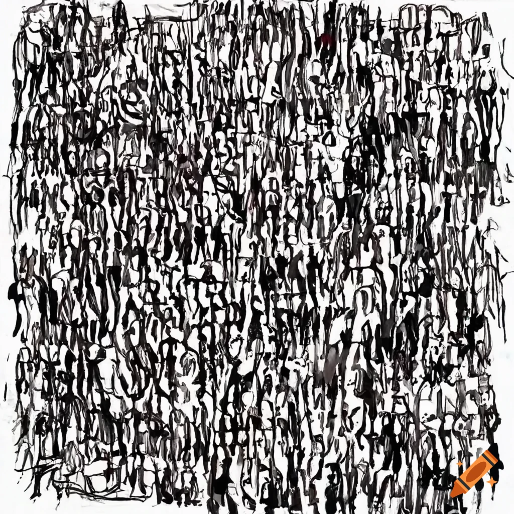 Abstract painting of a crowd inside a maze