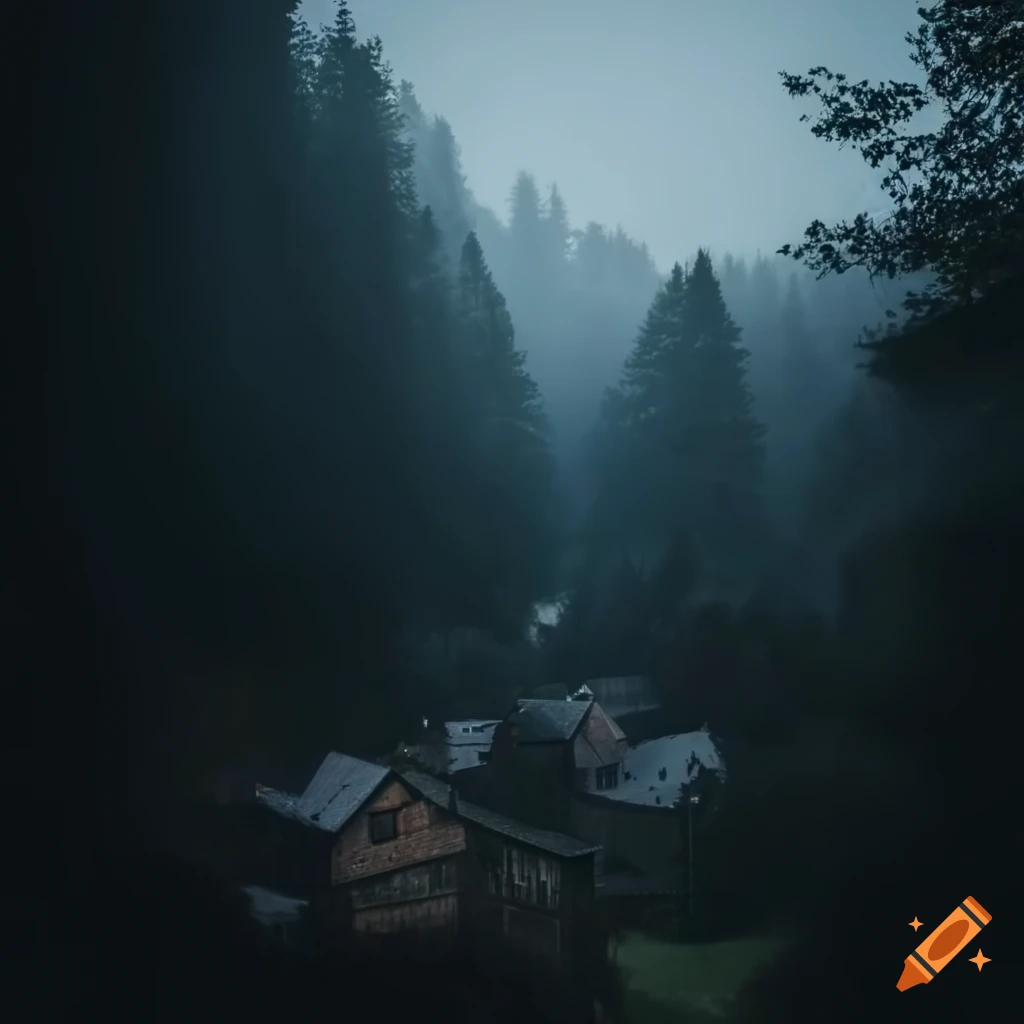 Panoramic view of a dark village surrounded by forest