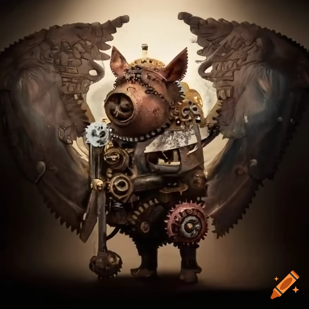 Steampunk pig with mechanical gears and metal wings on Craiyon